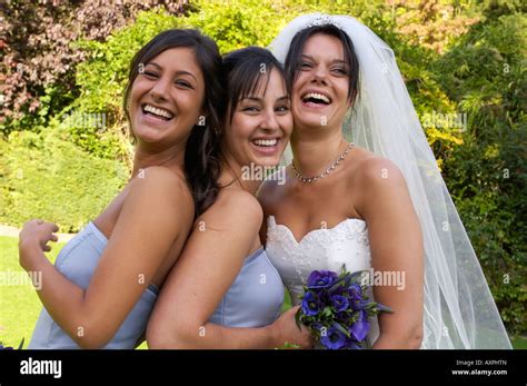 Bride And Bridesmaids Having Fun On The Wedding Day Stock Photo Alamy