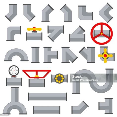 세부 파이프 컬렉션 물 관 접합 커넥터를 설정합니다 종류 산업 가스 밸브 건설과 석유 산업 압력 기술 배관 압력 센서 키와 물 라인 파이프 가볍게 두드리기에 대한 스톡 벡터