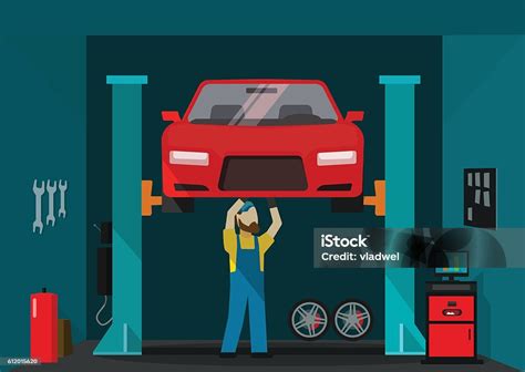 자동차 차고 벡터 일러스트레이션 남자 정비사 서 고 수리 자동 기계 부분에 대한 스톡 벡터 아트 및 기타 이미지 기계 부분 기계공 기술자 Istock