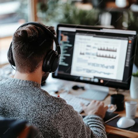 Man Wearing Headphones Working On Computer Back View Premium Ai