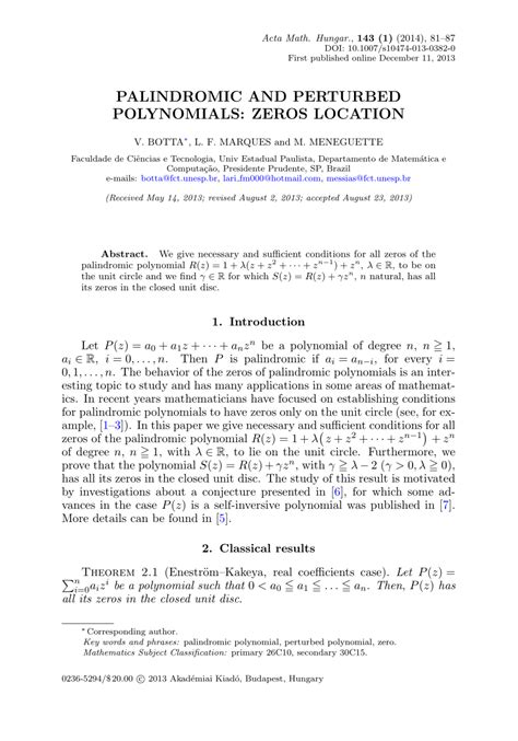 Pdf Palindromic And Perturbed Polynomials Zeros Location