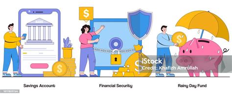 저축 계좌 재정 보안 성격이 있는 비오는 날 펀드 개념 저축 목표 추상 벡터 일러스트 레이 션 세트 재무 계획 비상금 저축 마일스톤 은유 개념에 대한 스톡 벡터 아트 및