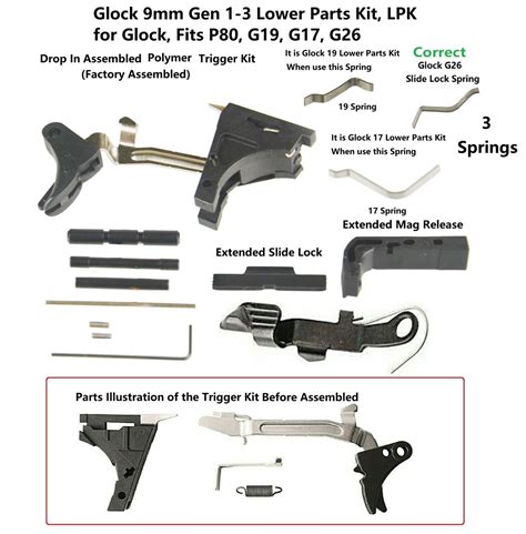Db Tac 9 Mm Gen 1 3 Lower Parts Kit Lpk Fits Glock P80 G19 G17 G26 With G26 Spring Db Tac