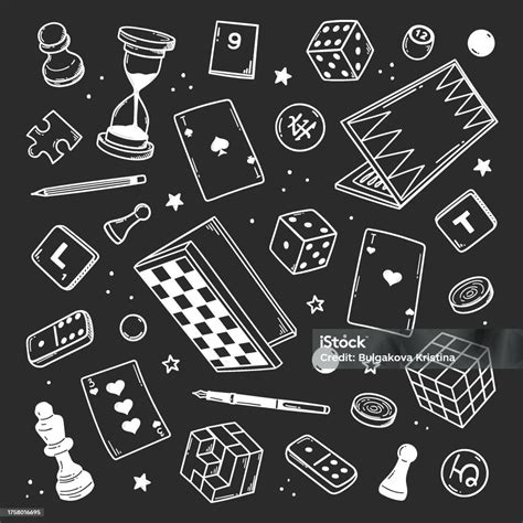 손으로 그린 보드 게임 세트입니다 스케치 낙서의 체스 체커 이동 도미노 카드 놀이 스크래블 주사위 놀이 배경에 고립 낙서 드로잉에 대한 스톡 벡터 아트 및 기타 이미지