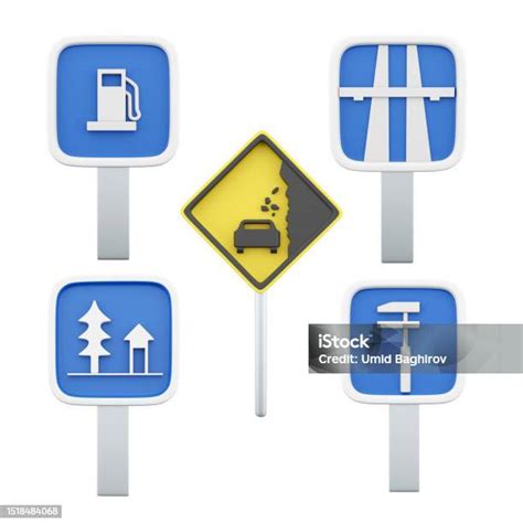 3d 렌더링 주유소 고속도로 떨어지는 돌 휴게소 자동차 정비 도로 표지판 아이콘 세트 3d 렌더링 도로 표지판 개념 아이콘 세트 3차원 형태에 대한 스톡 사진 및 기타