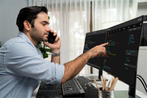 It Developer Calling To Coworker Solving Problem Coding System On Pc