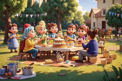 Premium Photo Cartoon Characters Picnic While Cake Bakes