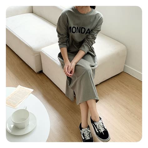 라운드 긴팔 티셔츠 롱 원피스 빅사이즈 홈웨어 레터링 면 원피스