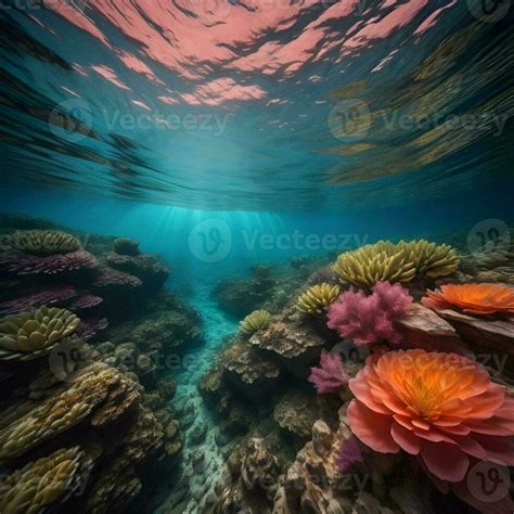 Ai Generated Underwater View Of Coral Reef Colorful Coral Reef At Sunset Generative Ai