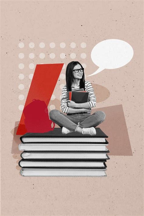 Vertical Photo Collage Of Happy Nerd Girl Hold Notepad Bubble Talk Book