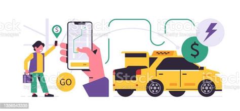 택시 주문 서비스 모바일 응용 프로그램 개념 스마트폰 디스플레이의 도시 지도에서 택시를 예약한 핸드 자동차 트렁크 승객 아이콘 배지 플랫 벡터 일러스트레이션 Brand