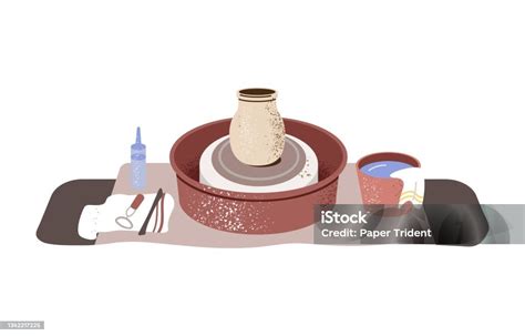 점토 냄비와 도구가 달린 포터 바퀴 도자기 수공예품을 위한 작업장에서 도자기 꽃병과 장비가 있는 작업장 토기 그릇 흰색 배경에