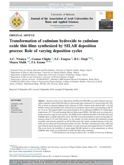 Pdf Transformation Of Cadmium Hydroxide To Cadmium Oxide Thin Films Synthesized By Silar