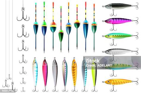 낚시 미끼 수레 후크 세트 연어 메기 참치 파이크 퍼치 청새치 농어 송어 또는 타폰을 잡기 위한 벡터 컬렉션 어부를위한 수중 워