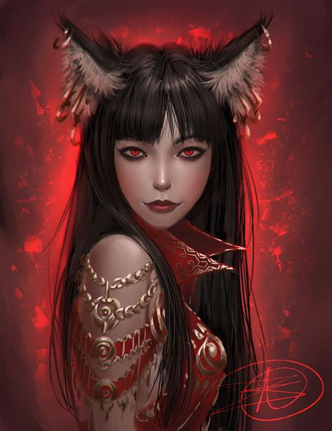 Фото Девушка с длинными темными волосами алыми глазами и звериными ушками