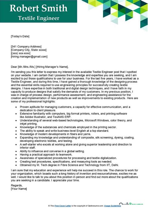 Textile Engineer Cover Letter Examples QwikResume
