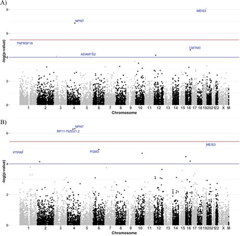manhattan plots of dge p values by lmm with the discovery rna seq data