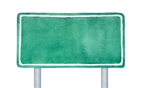 빈 보드와 흰색 테두리 전면 보기녹색 교통 도로 표지판 흰색 배경에 손으로 그린 물 색깔 그래픽 페인팅 창조적 인 디자인 템플릿 포스터에 대한 고립 된 클립 아트 요소 도로