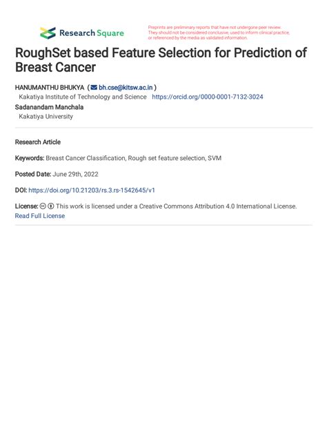 Pdf Roughset Based Feature Selection For Prediction Of Breast Cancer