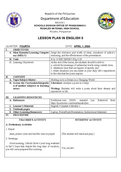 Grade 9 Module 1 Fourth Quarter Lesson Plan Republic Of The