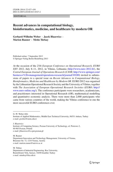 Pdf Recent Advances In Computational Biology Bioinformatics Medicine And Healthcare By