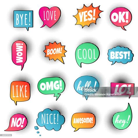 16 음성 거품 플랫 텍스트 하프톤에 그라데이션 스타일 디자인 사랑 그래 롤 쿨 와우 붐 같은 네 손으로 그린 만화 만화 스타일