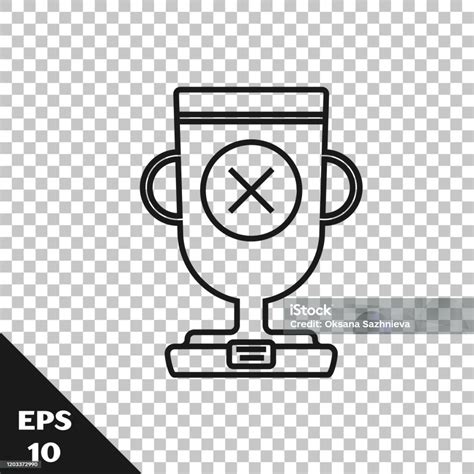 투명 한 배경에 격리 된 블랙 라인 어워드 컵 아이콘입니다 우승자 트로피 기호입니다 챔피언십 또는 대회 트로피 스포츠 업적 표지판 벡터 일러스트레이션 금속에 대한 스톡 벡터