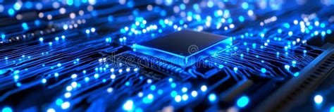 Digital Circuit Board Technology Closeup Of A Glowing Blue Circuit Board With A Central