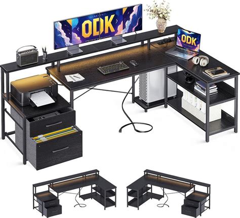 Odk Eckschreibtisch Odk Reversibel Eckschreibtisch Mit Schubladen Led Schwarz 189 5×100cm
