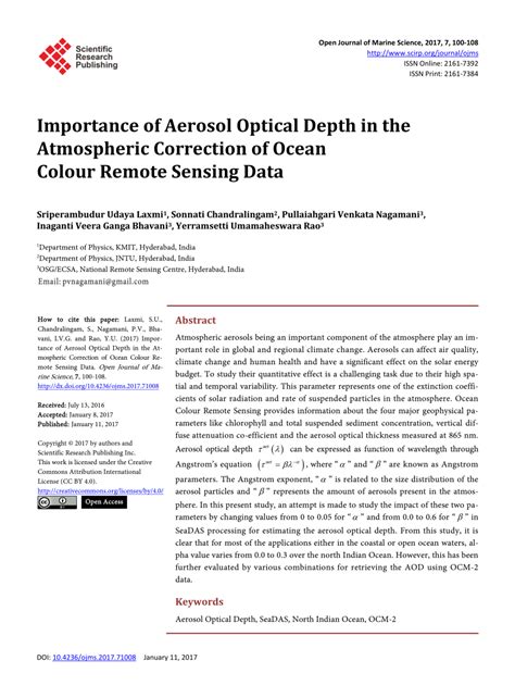 Pdf Importance Of Aerosol Optical Depth In The Atmospheric Correction