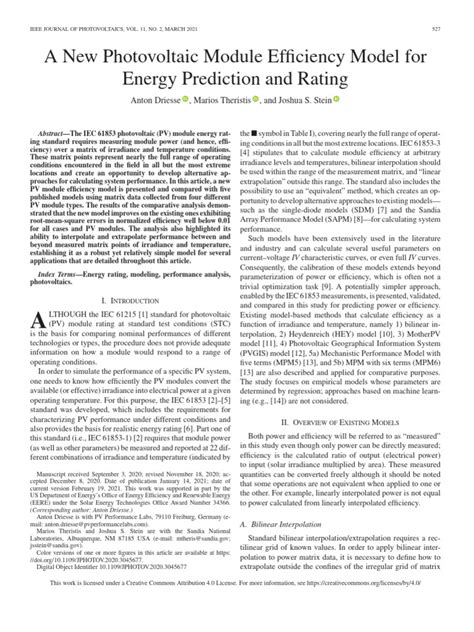 a new photovoltaic module efficiency model for energy prediction and