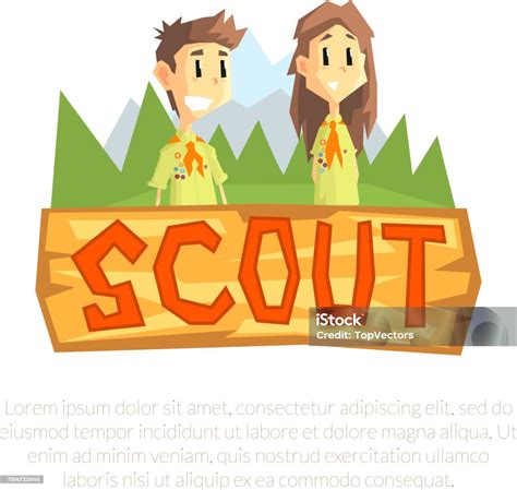 스카우트 배너 템플릿 스카우트 소년과 소녀 입고 스카우트 유니폼 아이 여름 캠프 벡터 일러스트 레이 션 감시에 대한 스톡 벡터