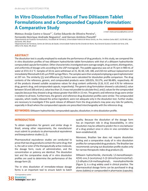Pdf In Vitro Dissolution Profiles Of Two Diltiazem Tablet Formulations And A Compounded