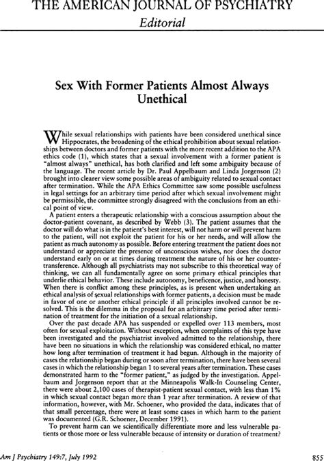 Sex With Former Patients Almost Always Unethical American Journal Of Psychiatry