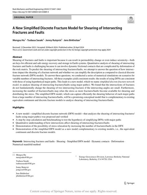 Pdf A New Simplified Discrete Fracture Model For Shearing Of Intersecting Fractures And Faults