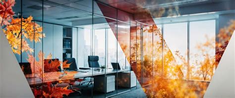 Modern Office Interior With Copy Space Banner Overlaying Autumn Leaves