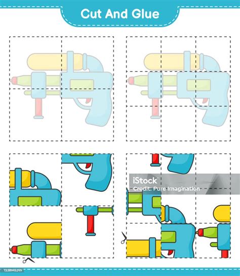잘라 접착제 물 총의 일부를 잘라 접착제 교육 어린이 게임 인쇄 워크 시트 벡터 일러스트레이션 0명에 대한 스톡 벡터 아트 및 기타 이미지 Istock