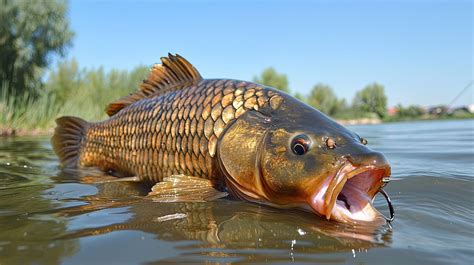 Carp Fishing On A Sunny Day At The Lake With A Trophy Catch Surfacing