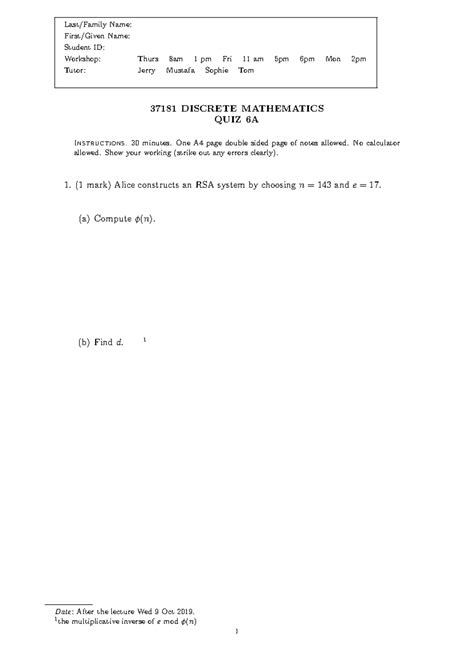 Quiz6 Work 37181 Discrete Mathematics Quiz 6a Instructions 30