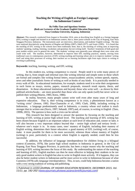 Pdf Teaching The Writing Of English As Foreign Language An Indonesian Context