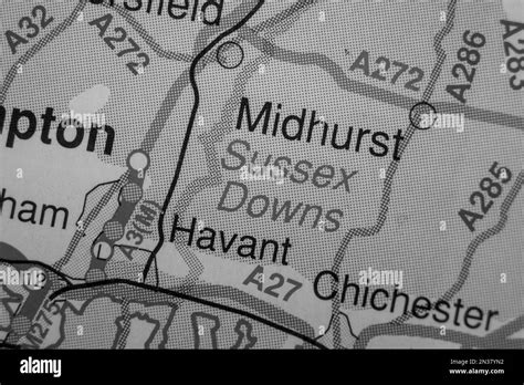 Sussex Downs United Kingdom Atlas Map Town Name Black And White