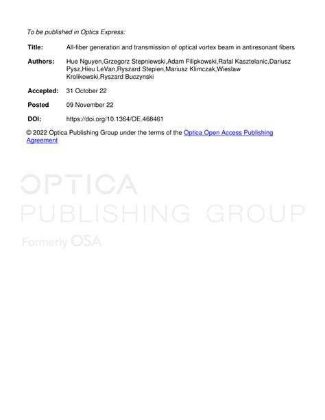 Pdf All Fiber Generation And Transmission Of Optical Vortex Beam In Antiresonant Fibers