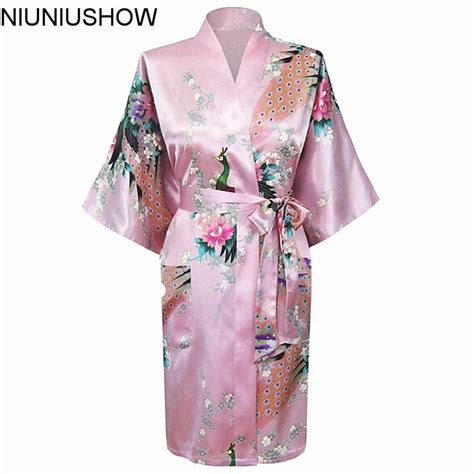 New Arrival Pink Ladies Faux Silk Bathrobe Vintage Sexy Kimono Gown