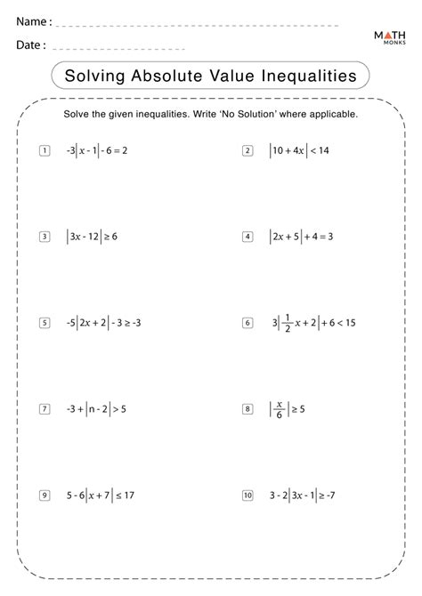 Inequalities Involving Absolute Value Worksheet Practice Problems And