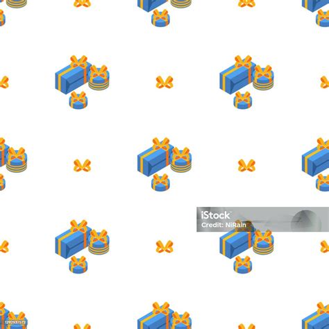 흰색 배경에 컬러 선물 상자가있는 등색 벡터 원활한 패턴 리본 마크 플랫 만화 스타일의 3d 등가시적 매끄러운 패턴이있는 상자를