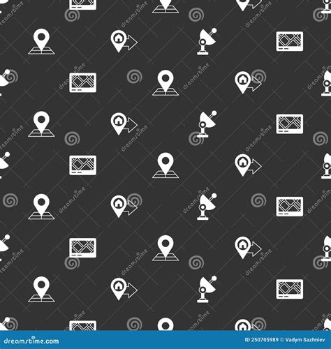 Set Radar Gps Device With Map Folded Location Marker And Location House On Seamless Pattern