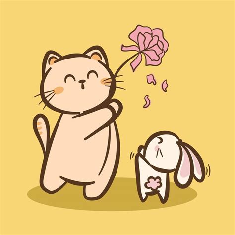 Hand Draw Cute Cat And Rabbit Cartoon Character Vector On Color Background Cartoon Character