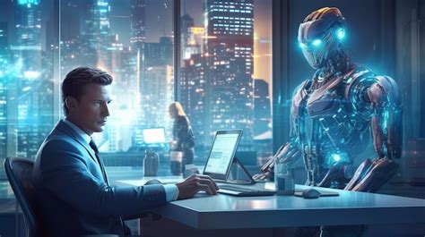 Premium Ai Image A Man Working Alongside A Robot At A Desk Generative Ai
