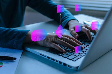 People Hand Working On Laptop Computer With Digital Flowchart Database