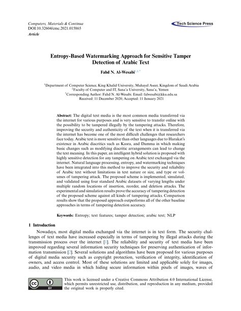 Pdf Entropy Based Watermarking Approach For Sensitive Tamper Detection Of Arabic Text